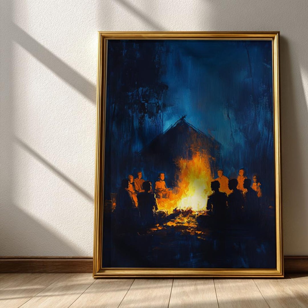 Moody Campfire Gathering Painting - Rustic Night Silhouette Scene ...