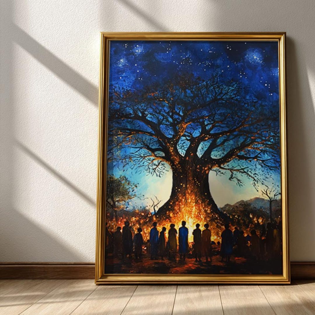 Rustic Night Scene Painting - Warm Moody Bonfire Under Majestic Tree ...