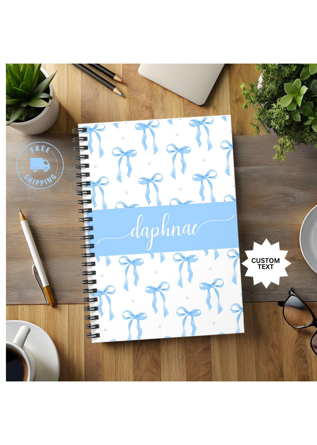 Personalized Custom Blue Coquette Bow Notebook Journal – Custom ...