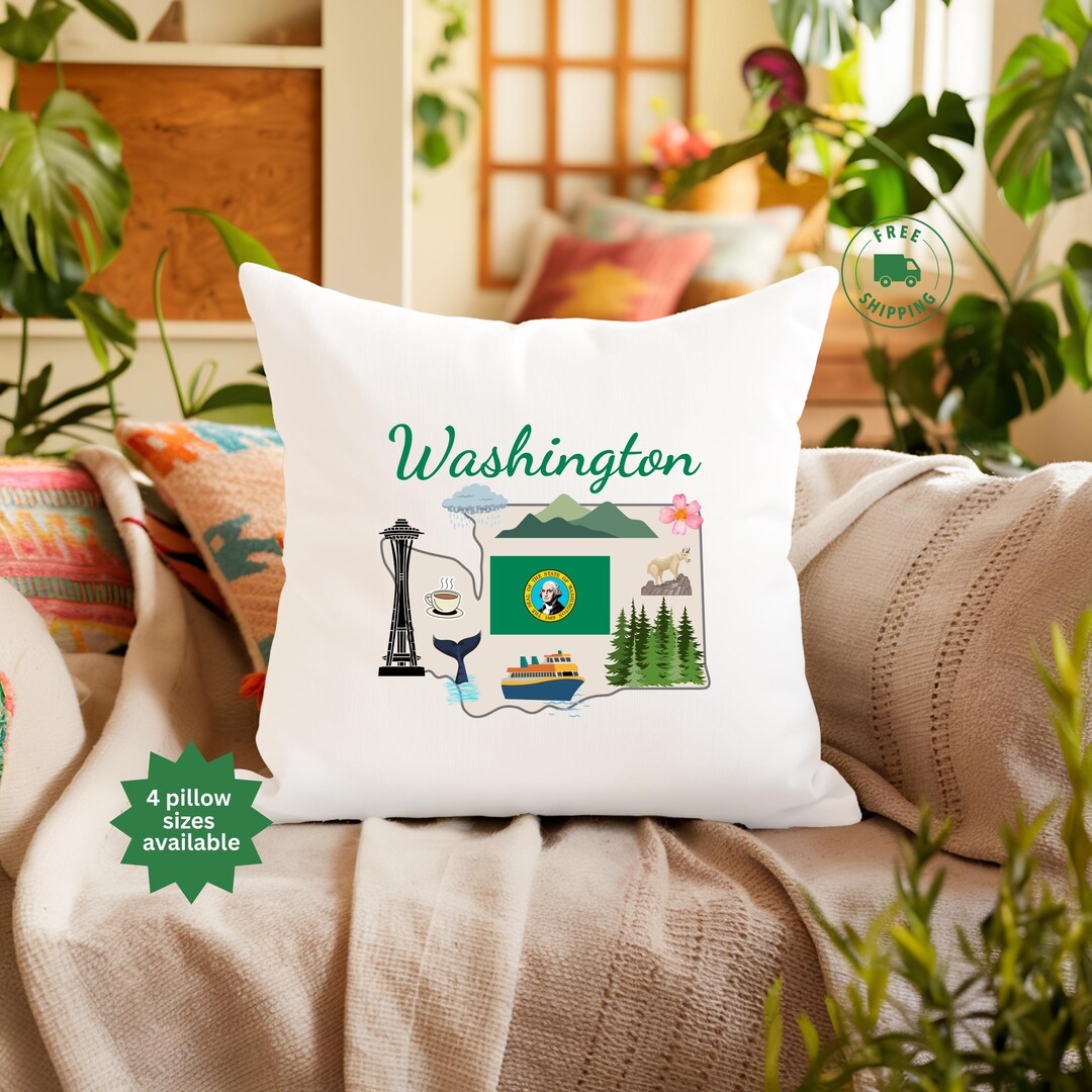 Washington Throw Pillow, PNW State Map Pillow, Seattle Accent Cushion ...