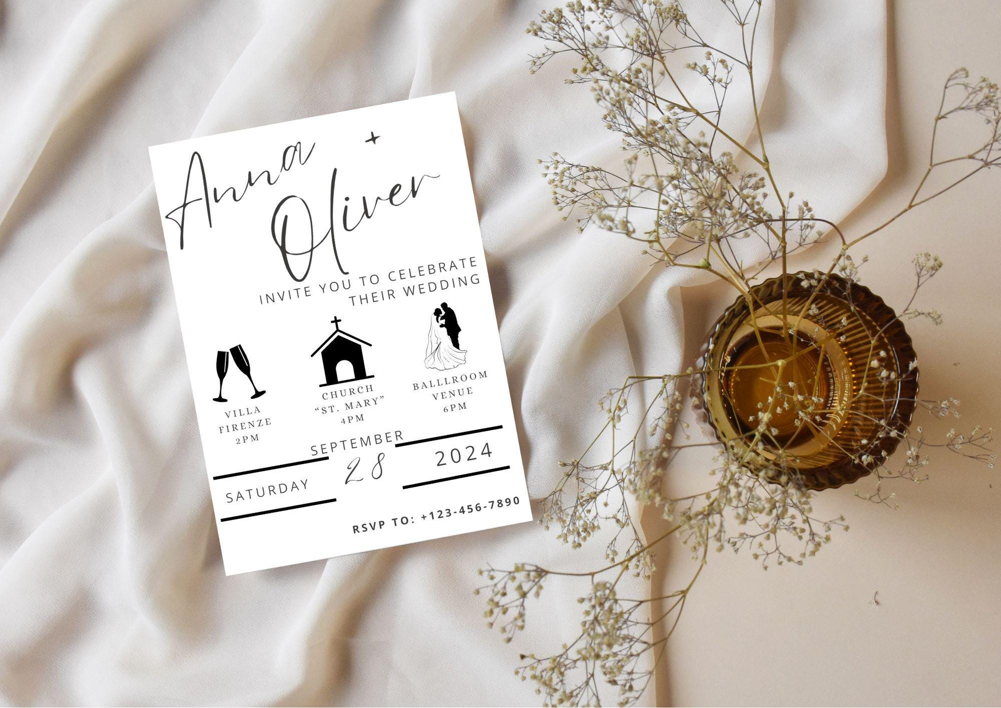 Editable Monochromatic Wedding Invitation - Etsy