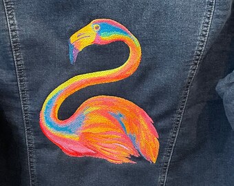 Upcycled Blue Jean/denim Jacket, One of a Kind, Embroidered Flamingo be ...