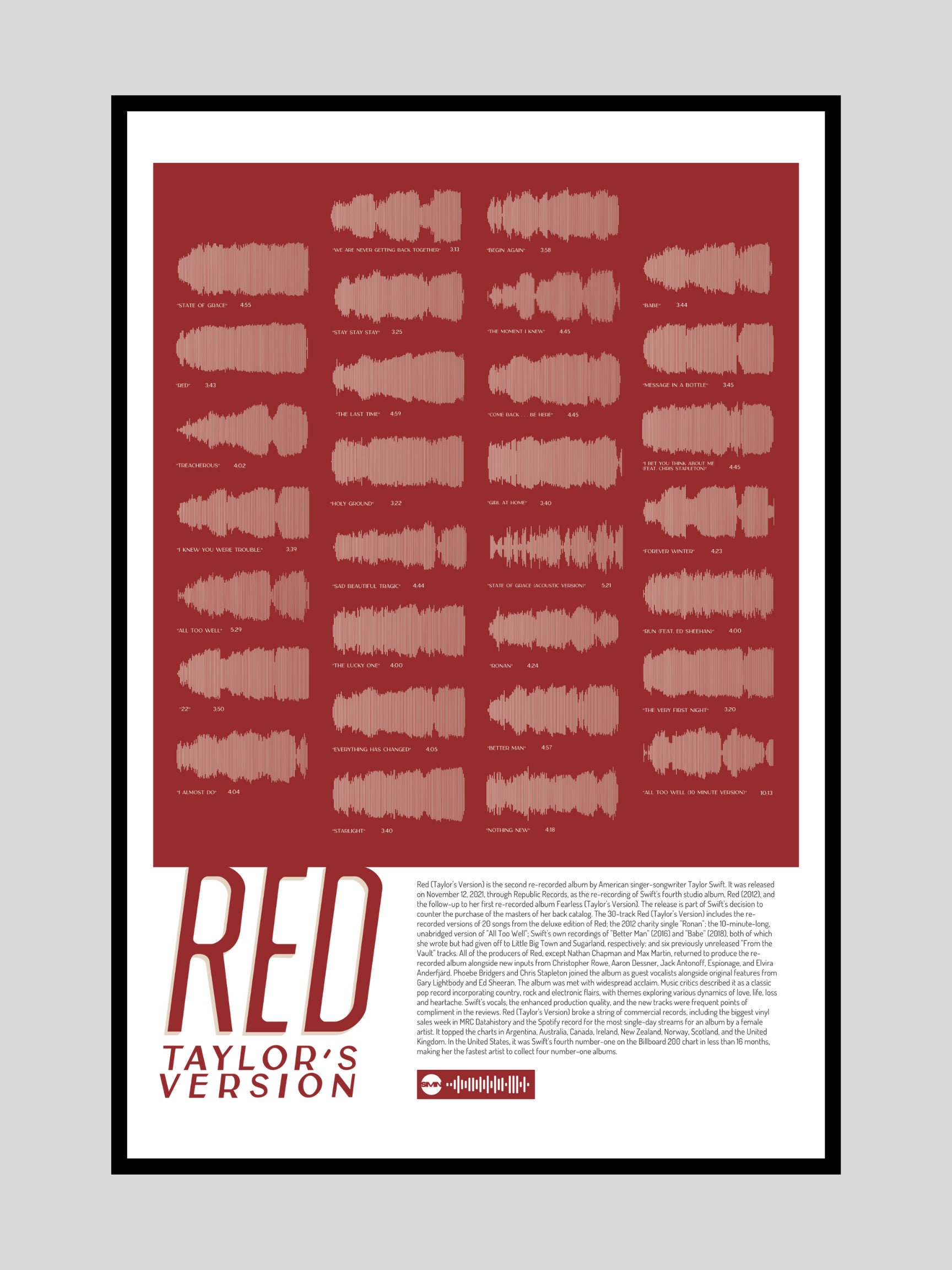 Taylor Swift 'red taylor's Version' Album Poster Pop Soundwave Print - Etsy