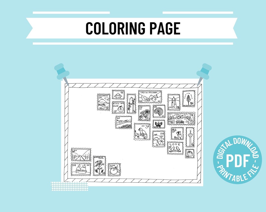 Vintage Letter Inspired Adult Coloring Page | Airmail Postage Stamps ...