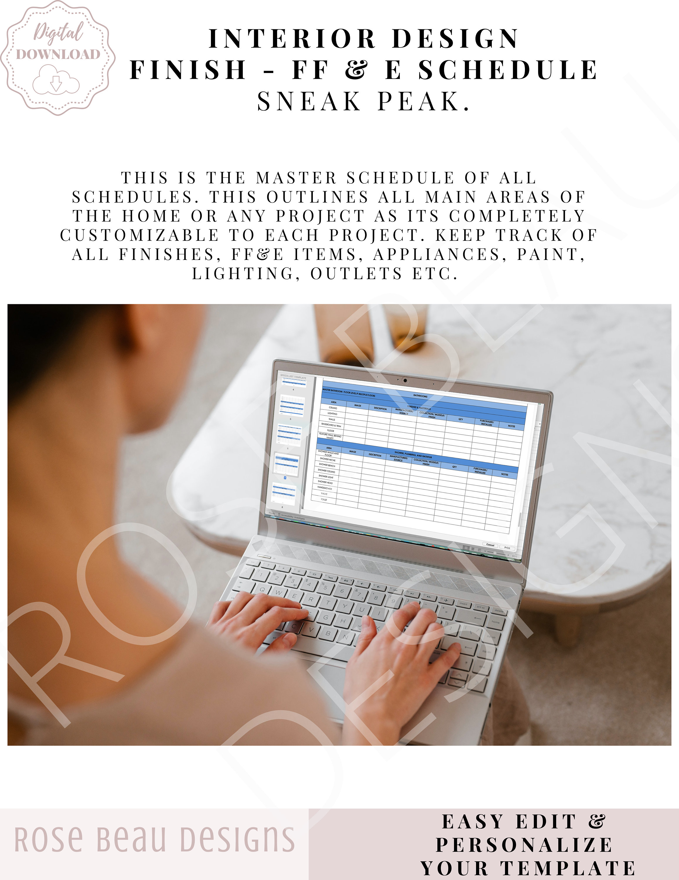 Interior Design Editable Specifications FF&E Finish Schedule Master ...