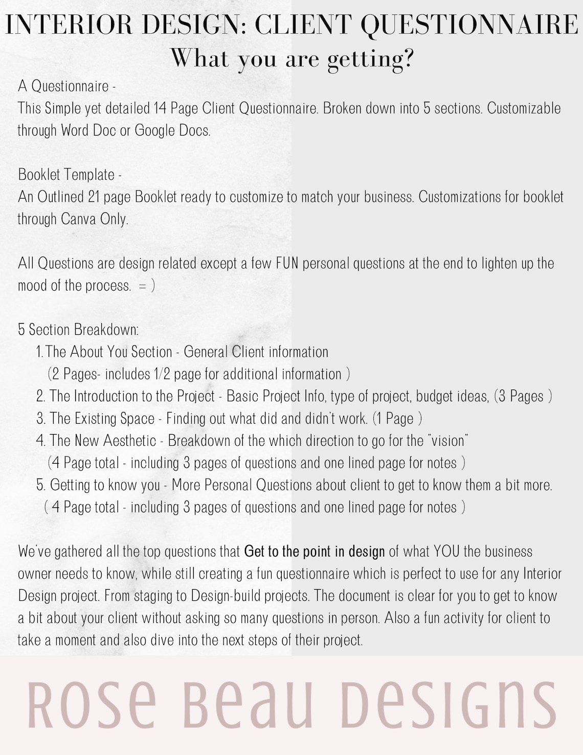 Client Questionnaire & Booklet Layout for Interior Design | Word Docx ...