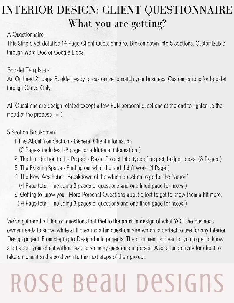 Client Questionnaire & Booklet Layout for Interior Design | Word Docx ...