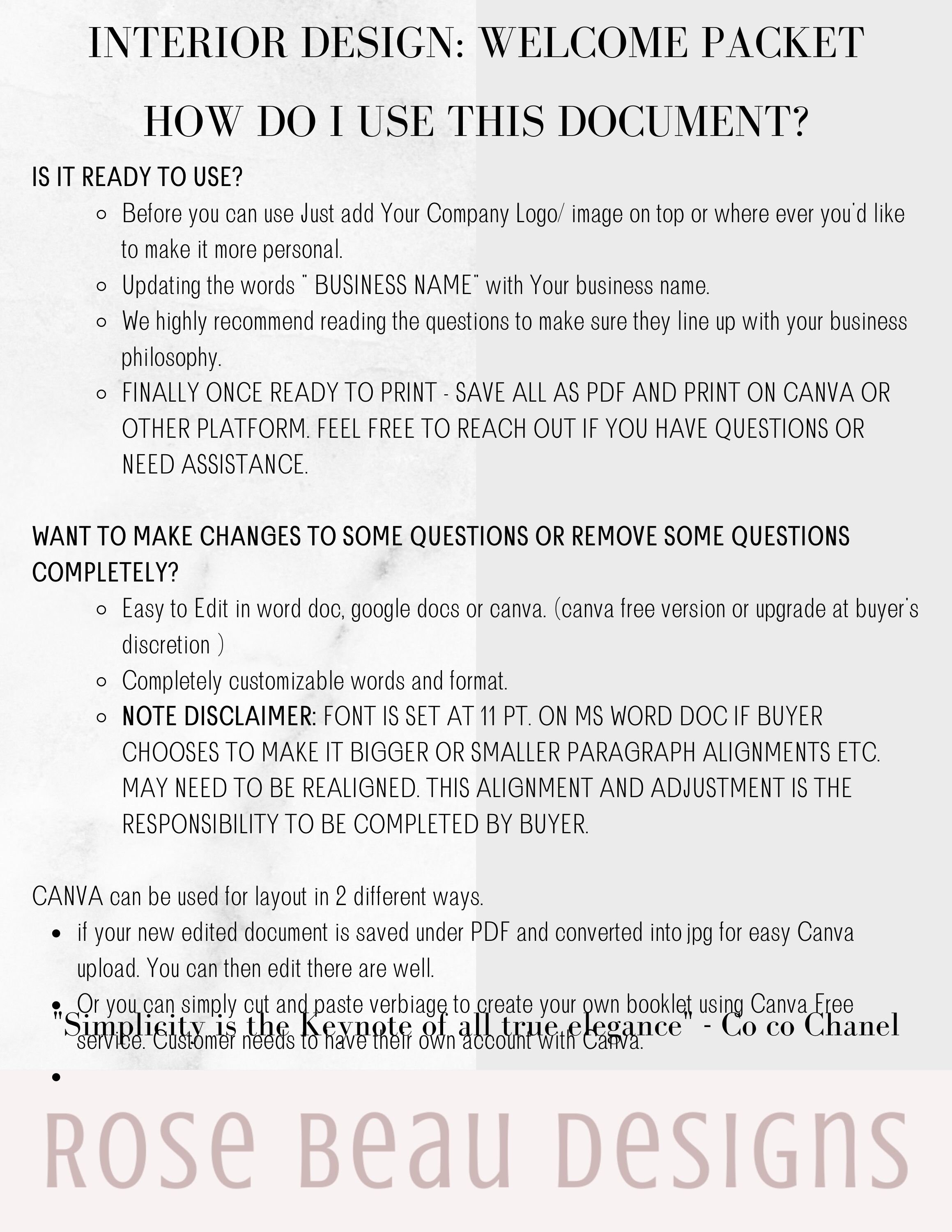 Welcome Packet EDITABLE Pre Written | Interior Design | Word Docx ...