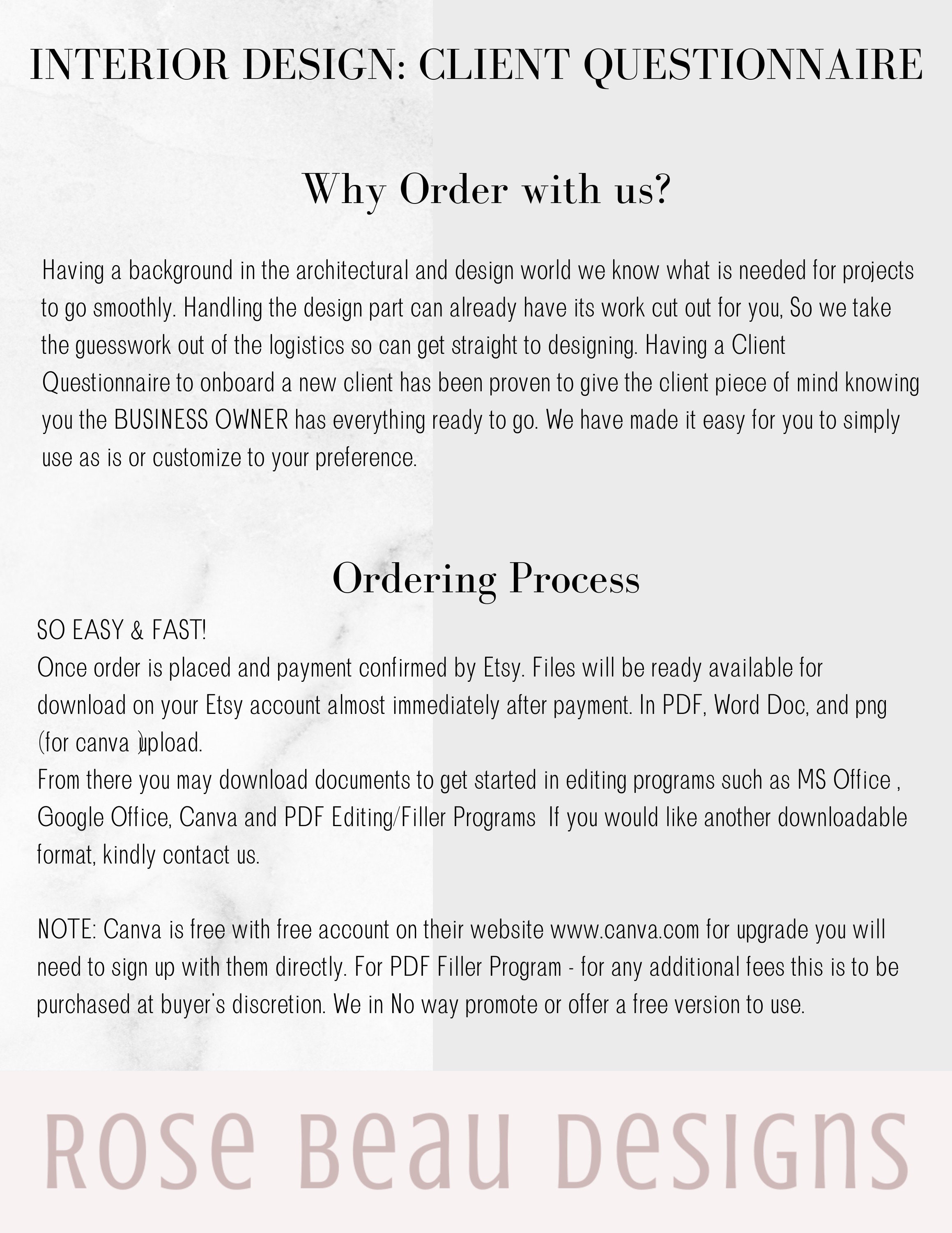 Client Questionnaire & Booklet Layout for Interior Design - Etsy