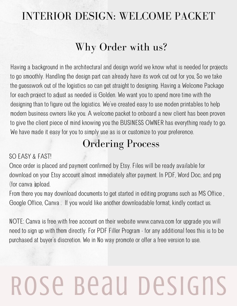 Welcome Packet EDITABLE Pre Written Interior Design Word Docx Canva New ...