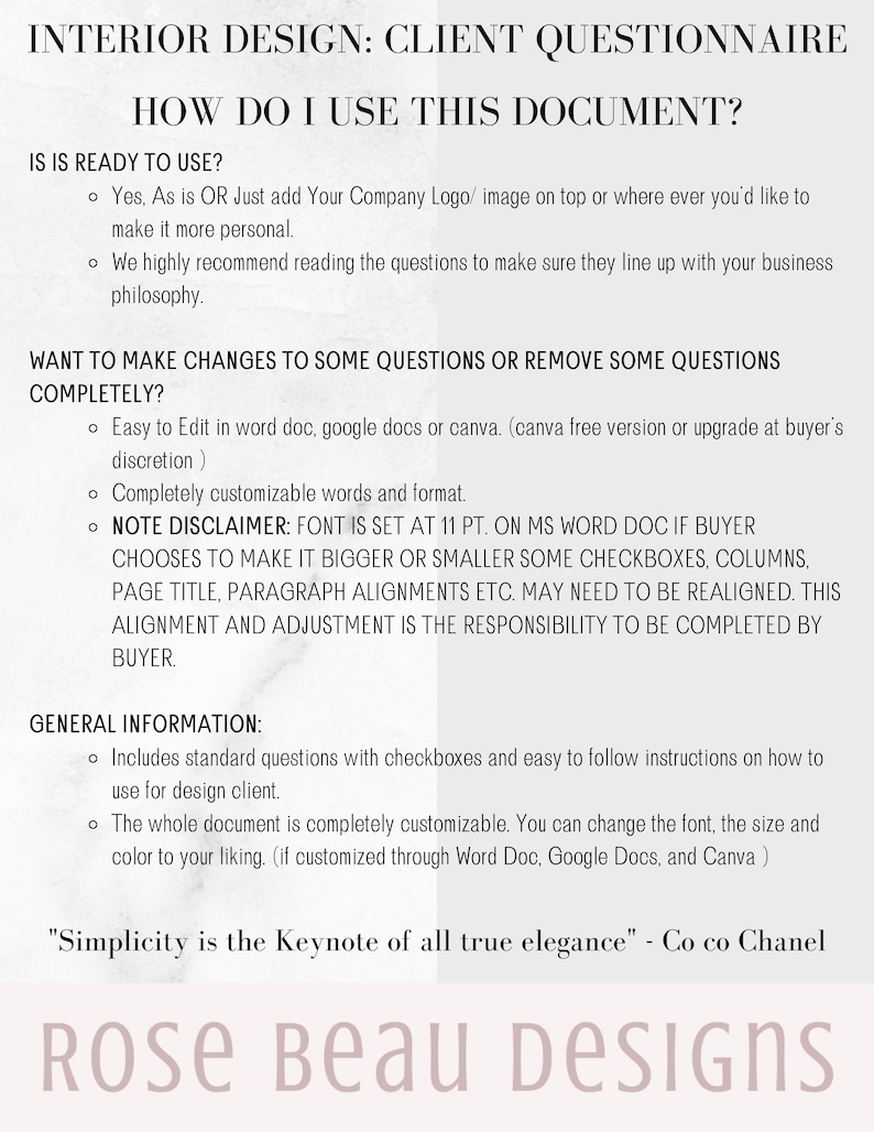 Client Questionnaire & Booklet Layout for Interior Design | Word Docx ...