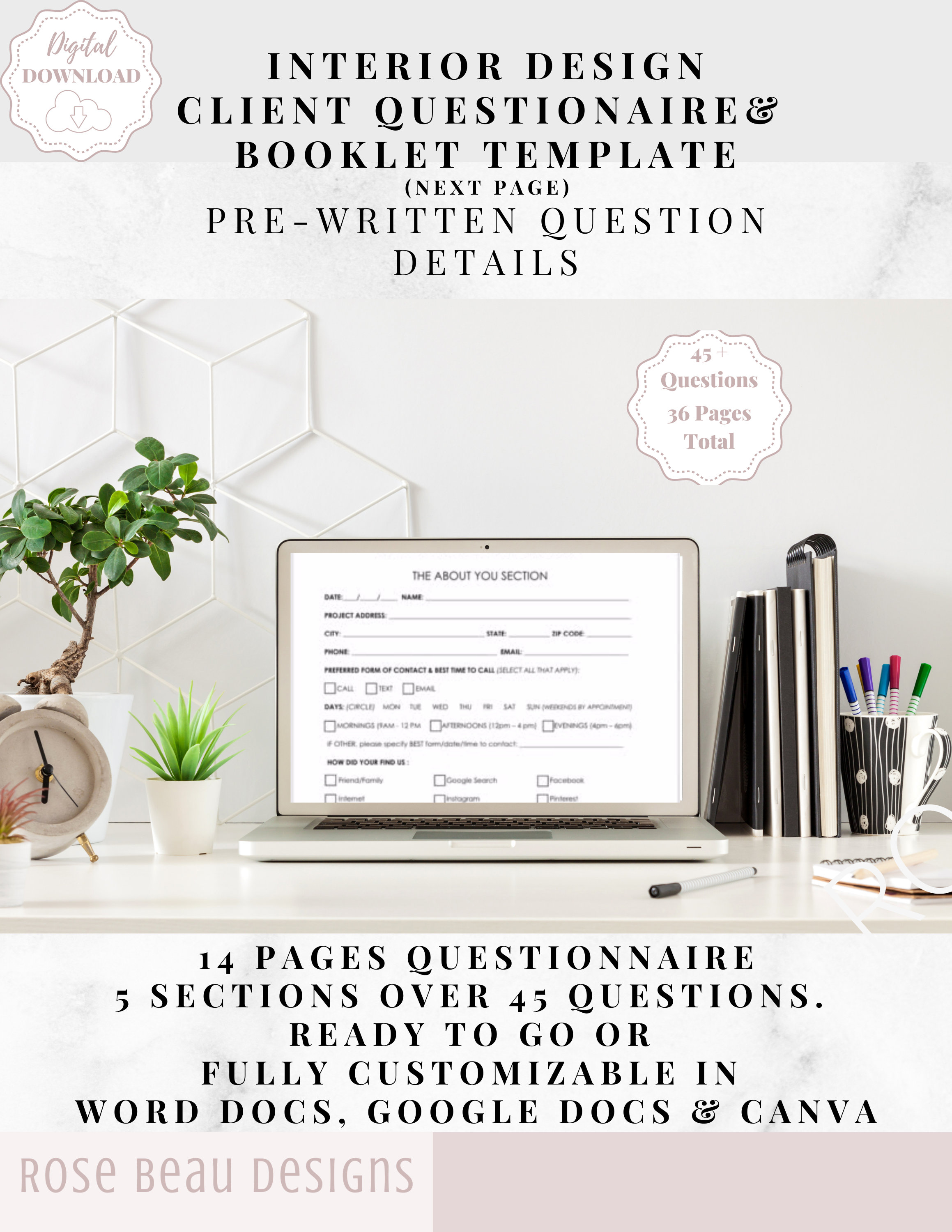 Client Questionnaire & Booklet Layout for Interior Design | Word Docx ...