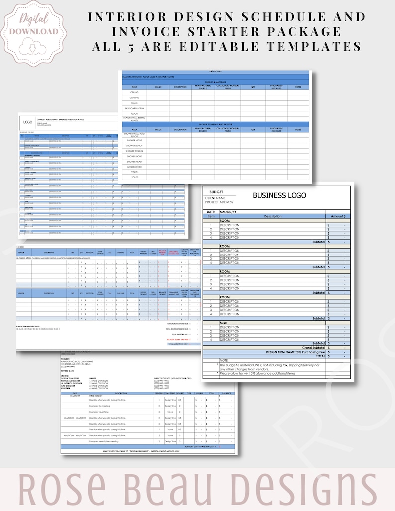 Interior Design 5 Editable Templates Schedules and Invoices | Excel ...