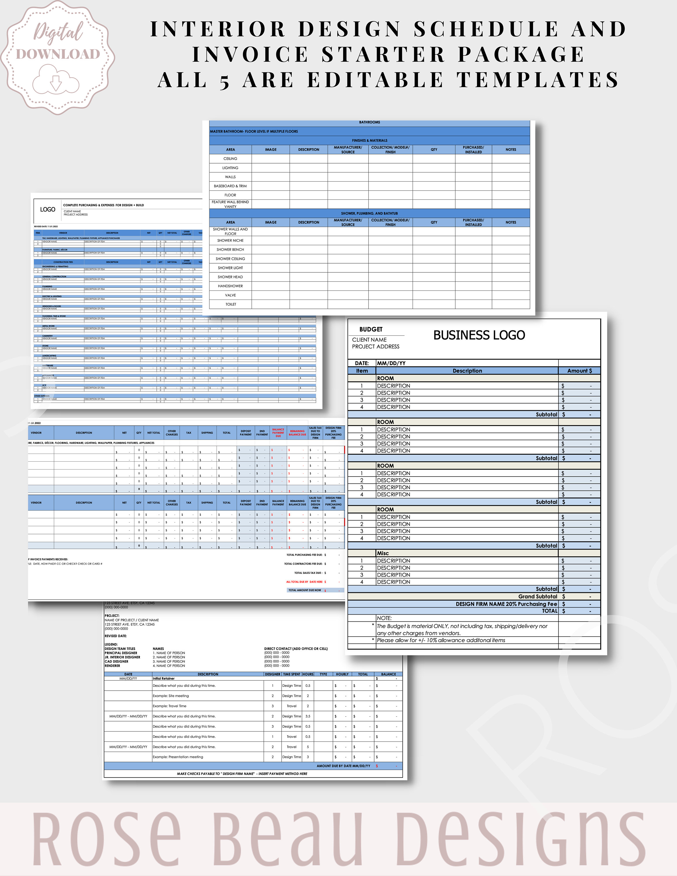 Interior Design 5 Editable Templates Schedules and Invoices | Excel ...