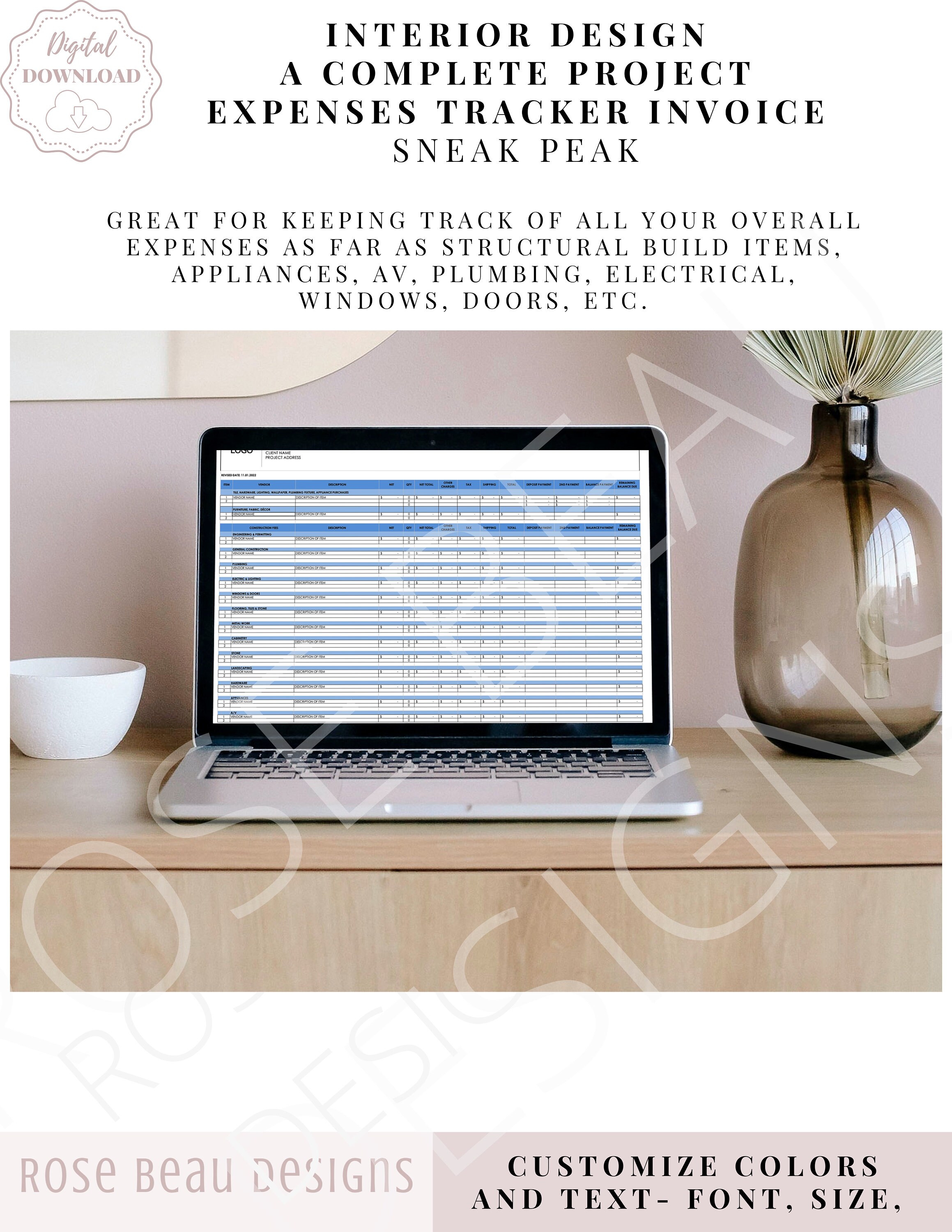 Interior Design 5 Editable Templates Schedules and Invoices | Excel ...