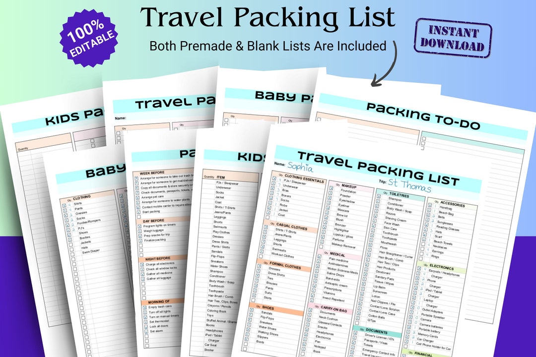 Travel Packing List. Editable Reusable Customizable Vacation Pack Lists ...