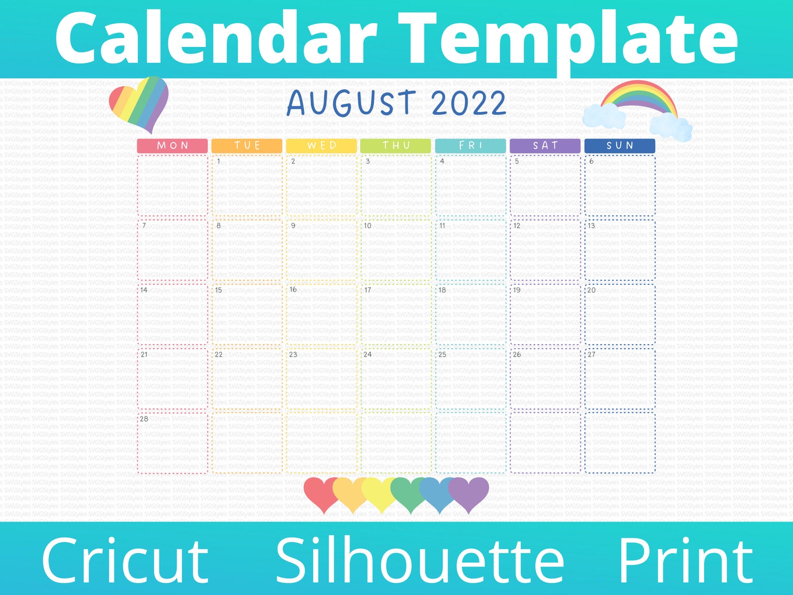 Rainbow Calendar Month Template SVG PNG. Months Years Dates - Etsy