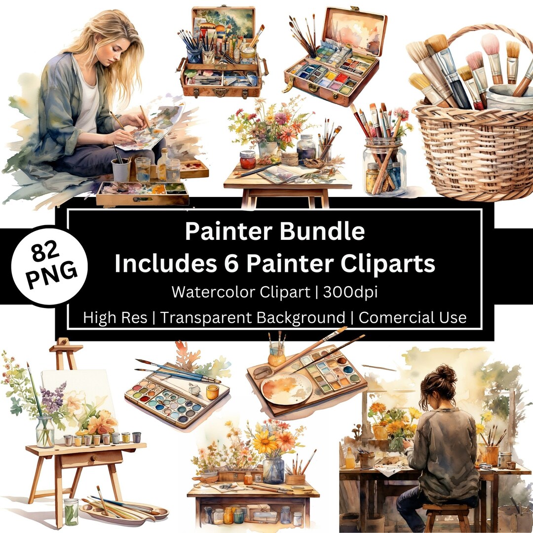 Painter Bundle, Watercolor Artistic Clipart, Girl Painting, Hobby, Free ...
