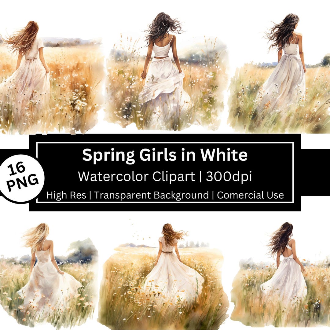 Spring Girls Clipart, Watercolor White Dresses, Meadow, Wedding PNG ...