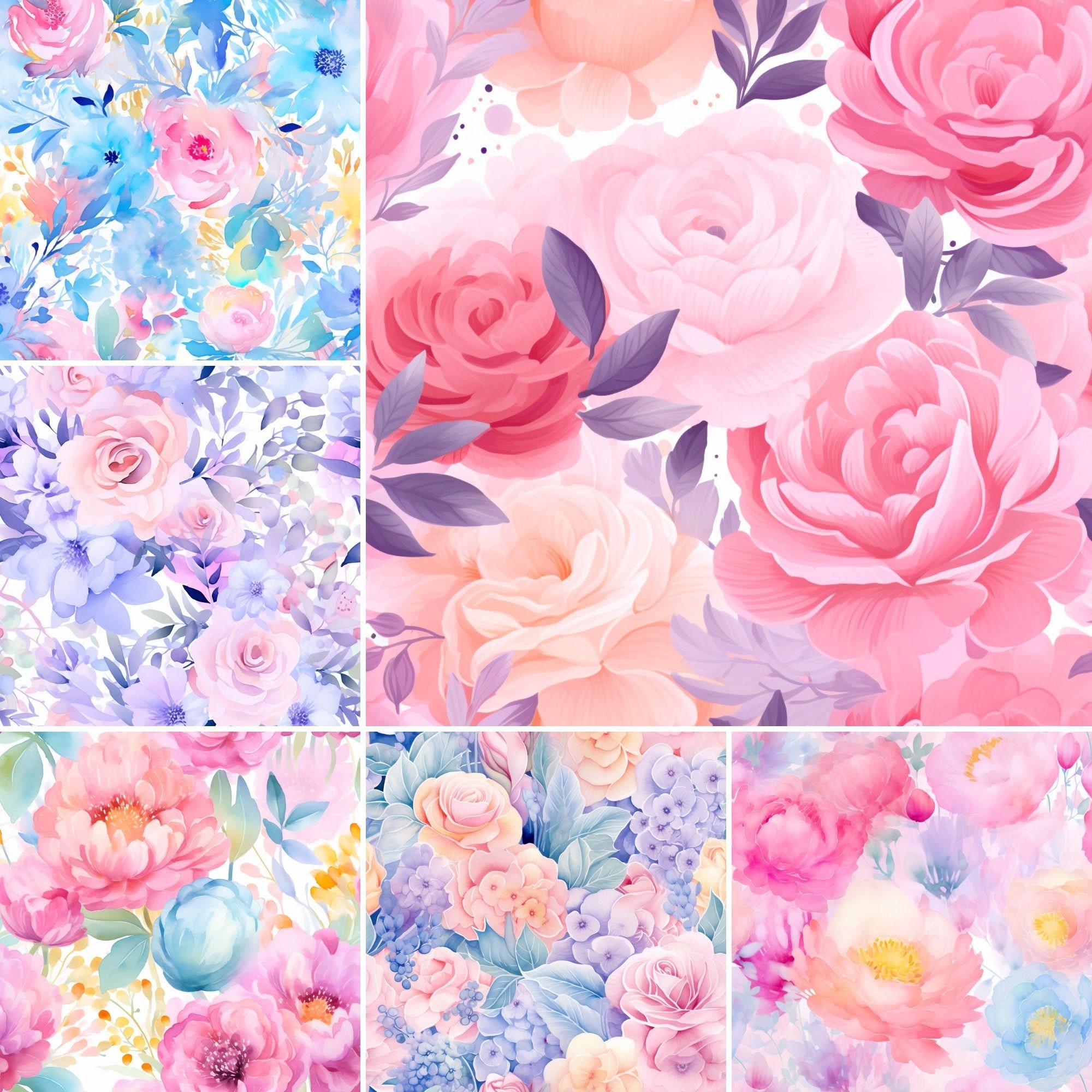 Watercolor Floral Pastel Digital Paper, Set of 20 Seamless Paper ...