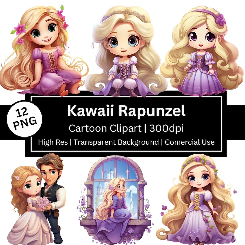 Rapunzel Cute Clipart, Set of 12 Purple Princess PNG, Kawaii, Fantasy ...