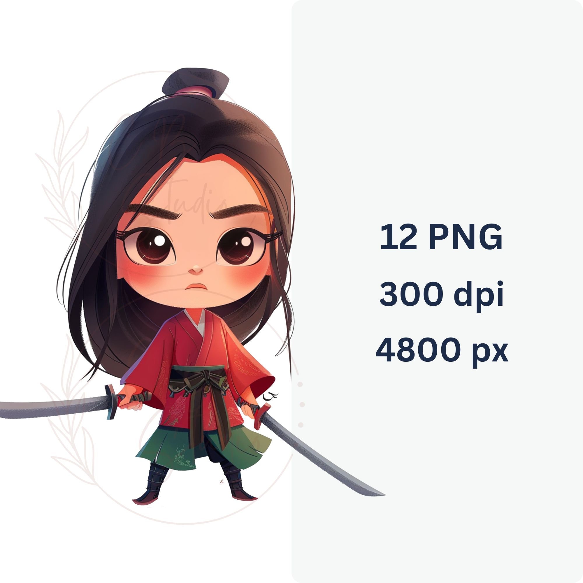 Mulan Cute Clipart, Chinese Princess, Set of 12 Kawaii PNG, Fantasy ...