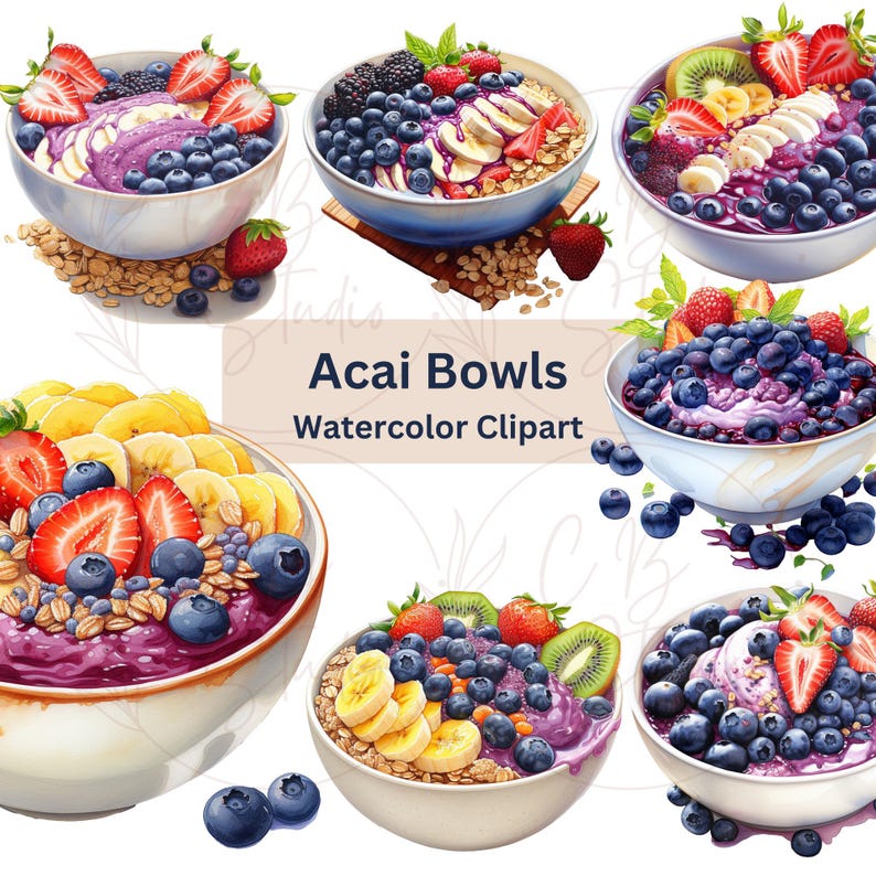 Acai Bowl Clipart, Watercolor Breakfast Clipart, Delicious Food ...