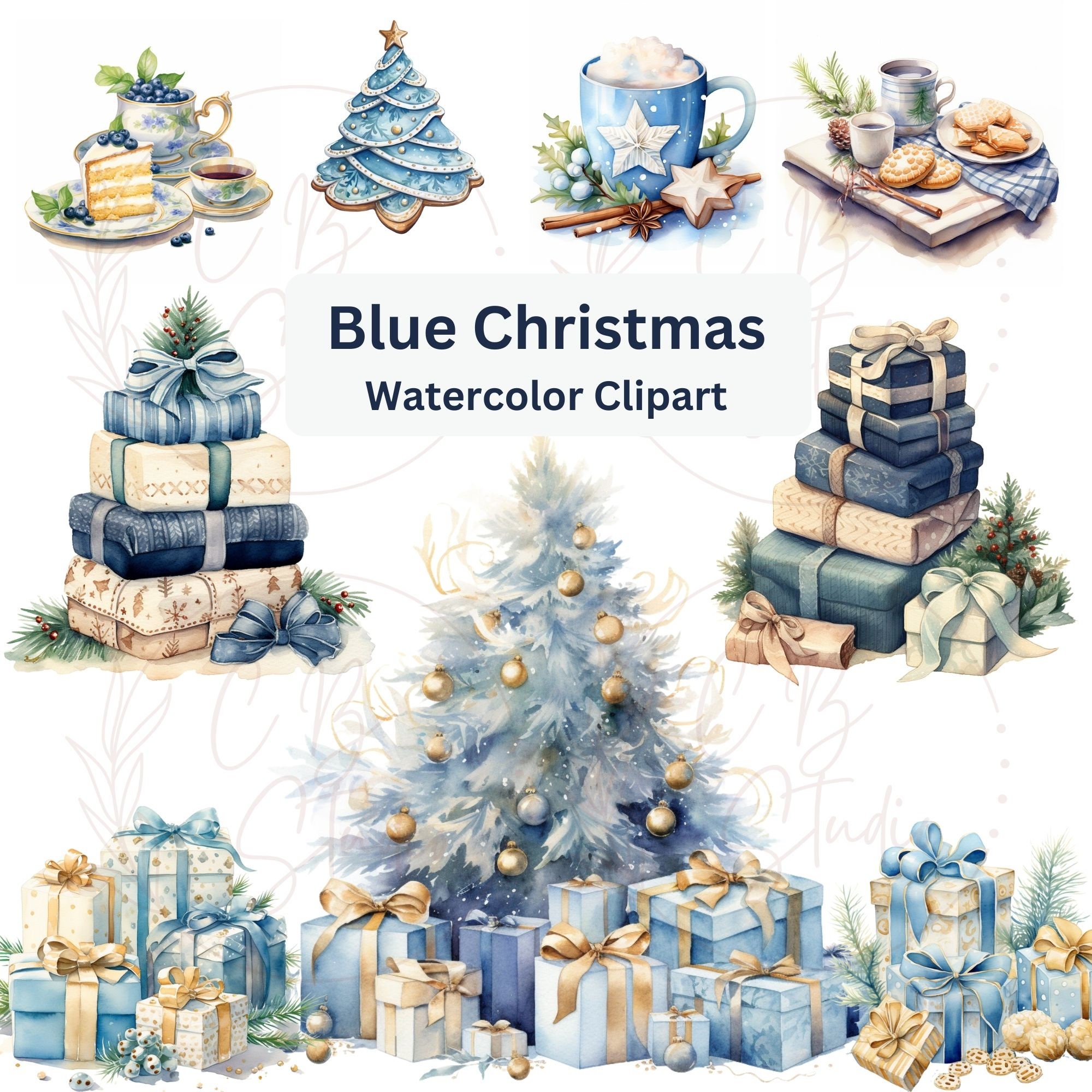 Blue Christmas Clipart, Watercolor Winter Set, Christmas Tree, Cozy ...