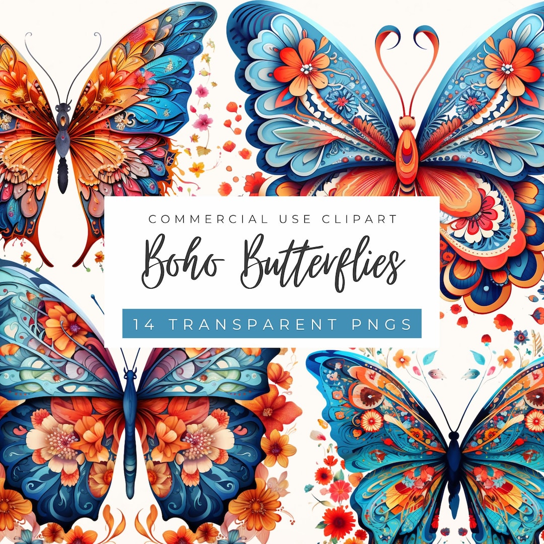 Boho Butterfly Clipart, Bohemian Graphics, Colorful Floral Wings ...