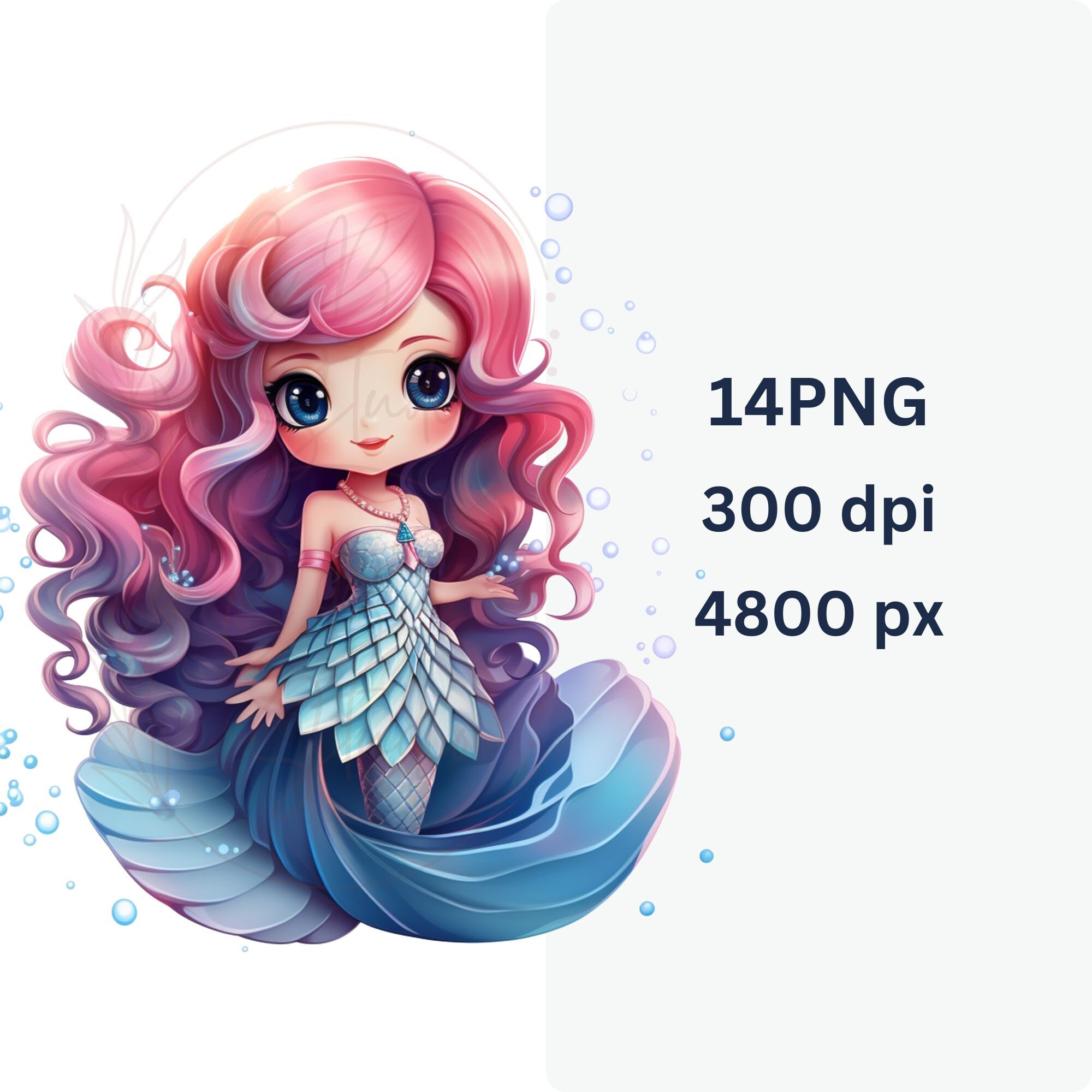 Kawaii Mermaid Clipart, Cute Chibi Mermaids, Pink and Blue Clipart ...