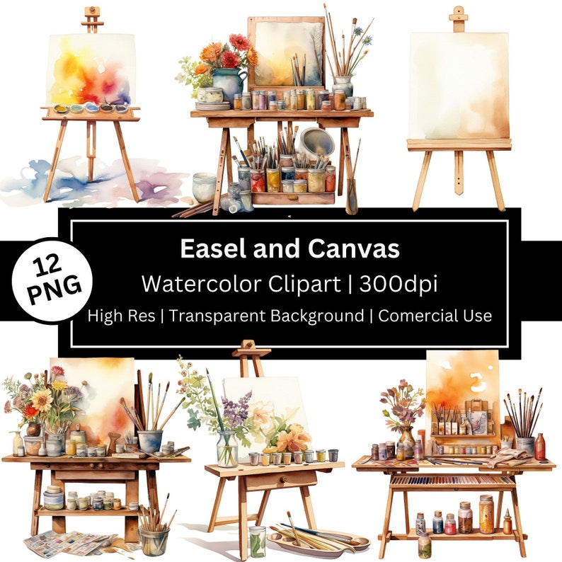 Painter Watercolor Clipart, Painter Easel and Canvas, Artistic Corner ...