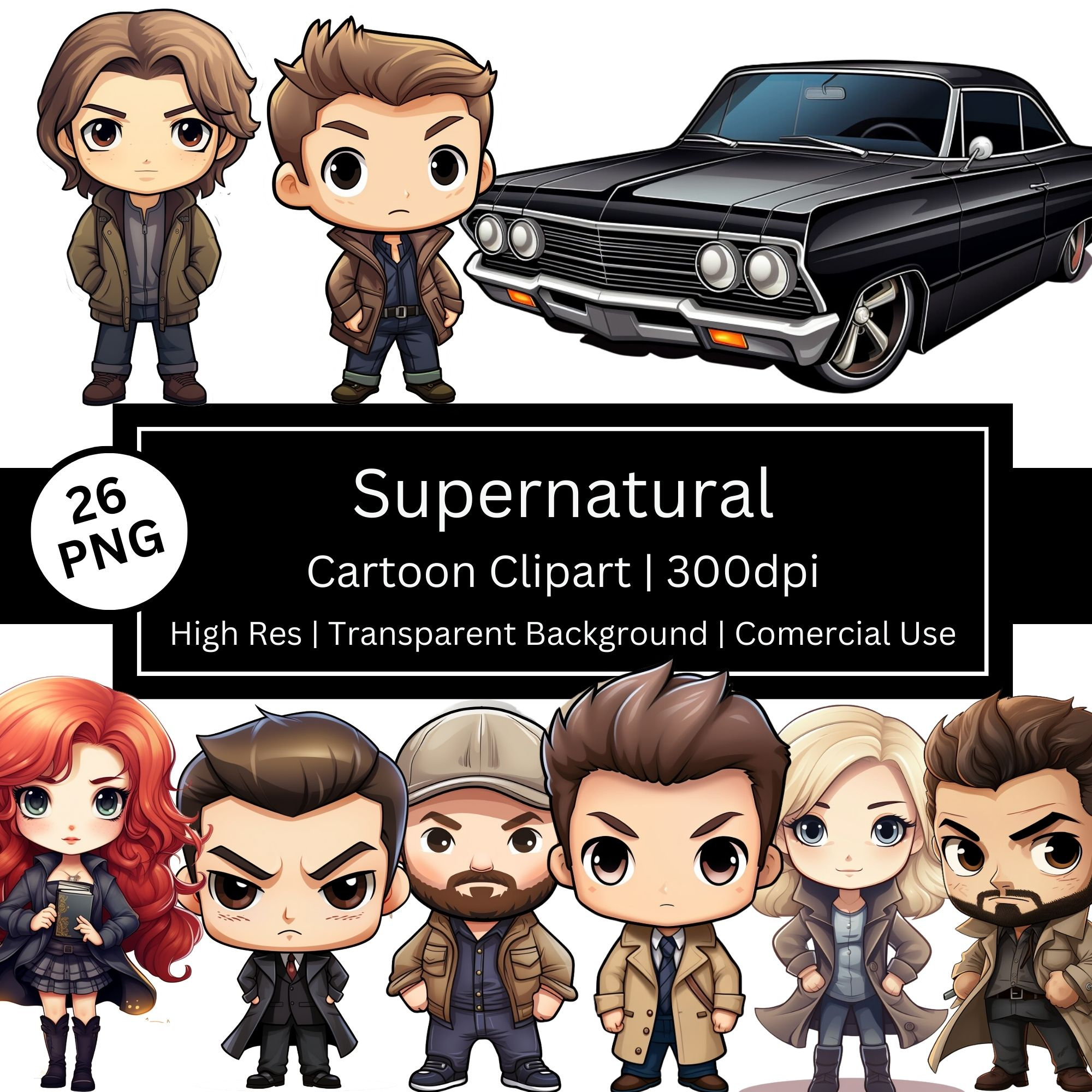 Supernatural Cute Characters, Set of 26 Cartoon Clipart, Chibi Clipart ...