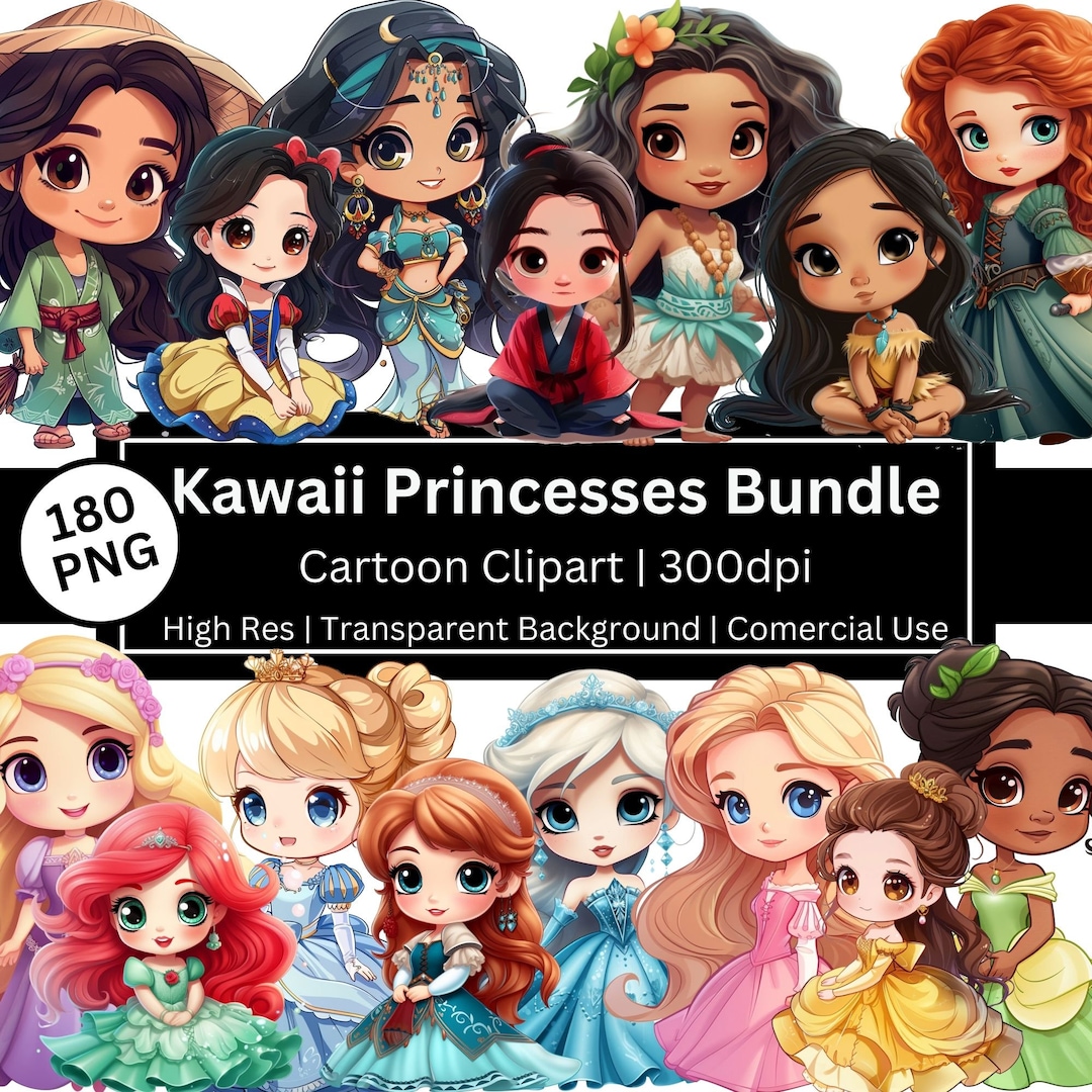 Kawaii Princess Clipart Bundle, 180 Cartoon PNG, Fairy Tale Graphics ...