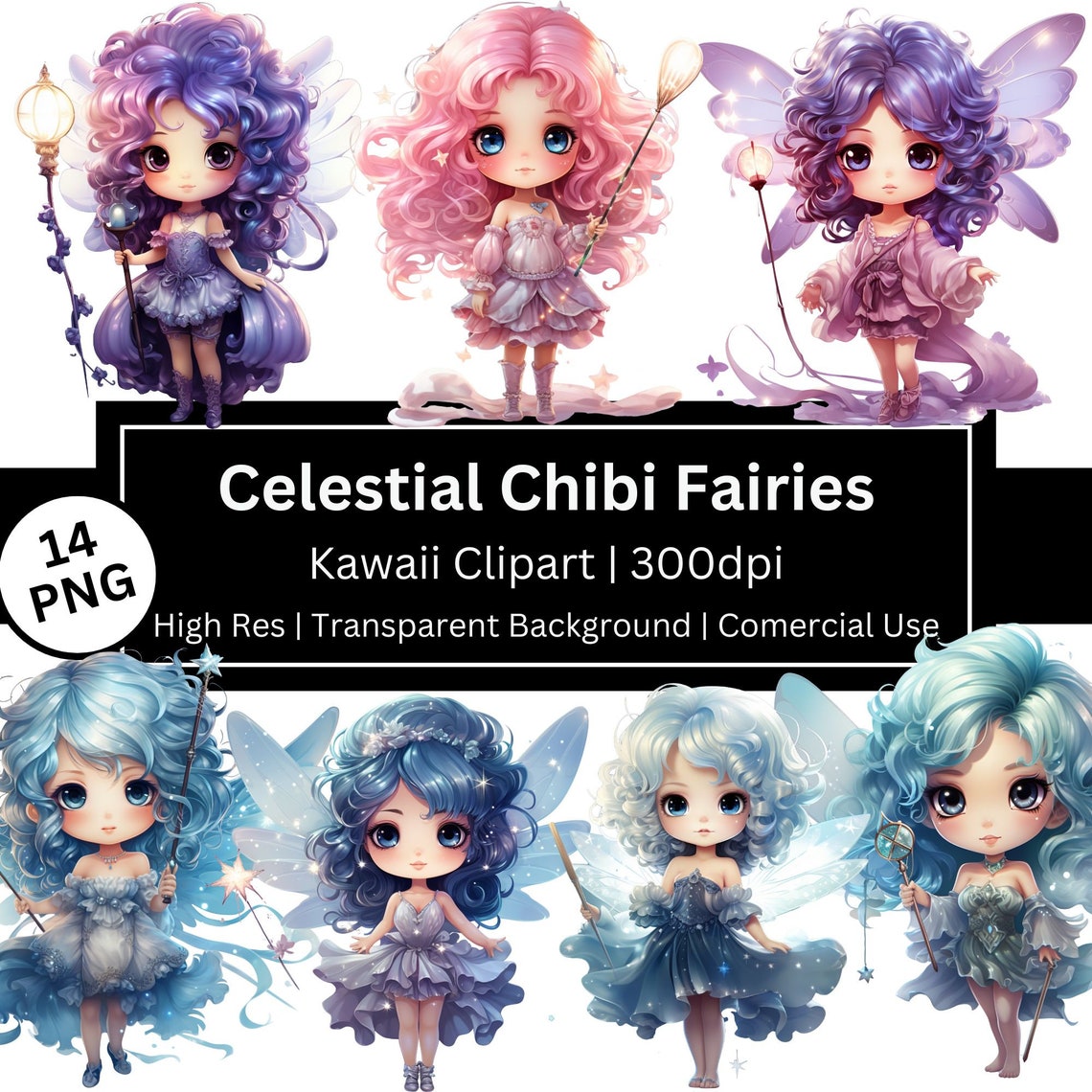 Celestial Chibi Fairies Clipart, Kawaii PNG, Whimsical Fairy, Moon ...