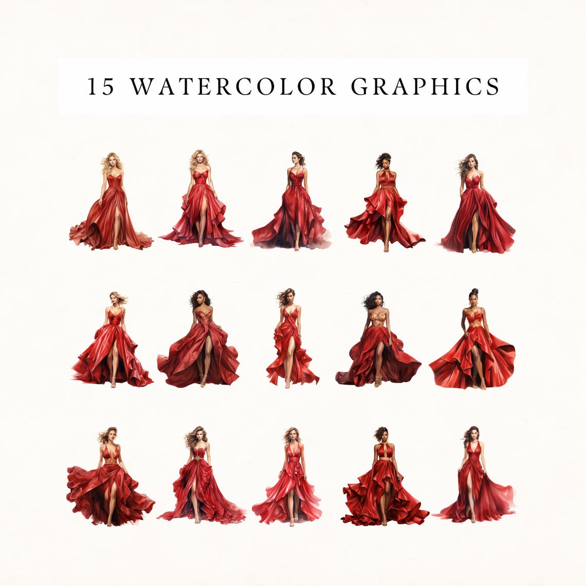 Red Party Dress Clipart, Watercolor Fashion Illustration, Women in ...