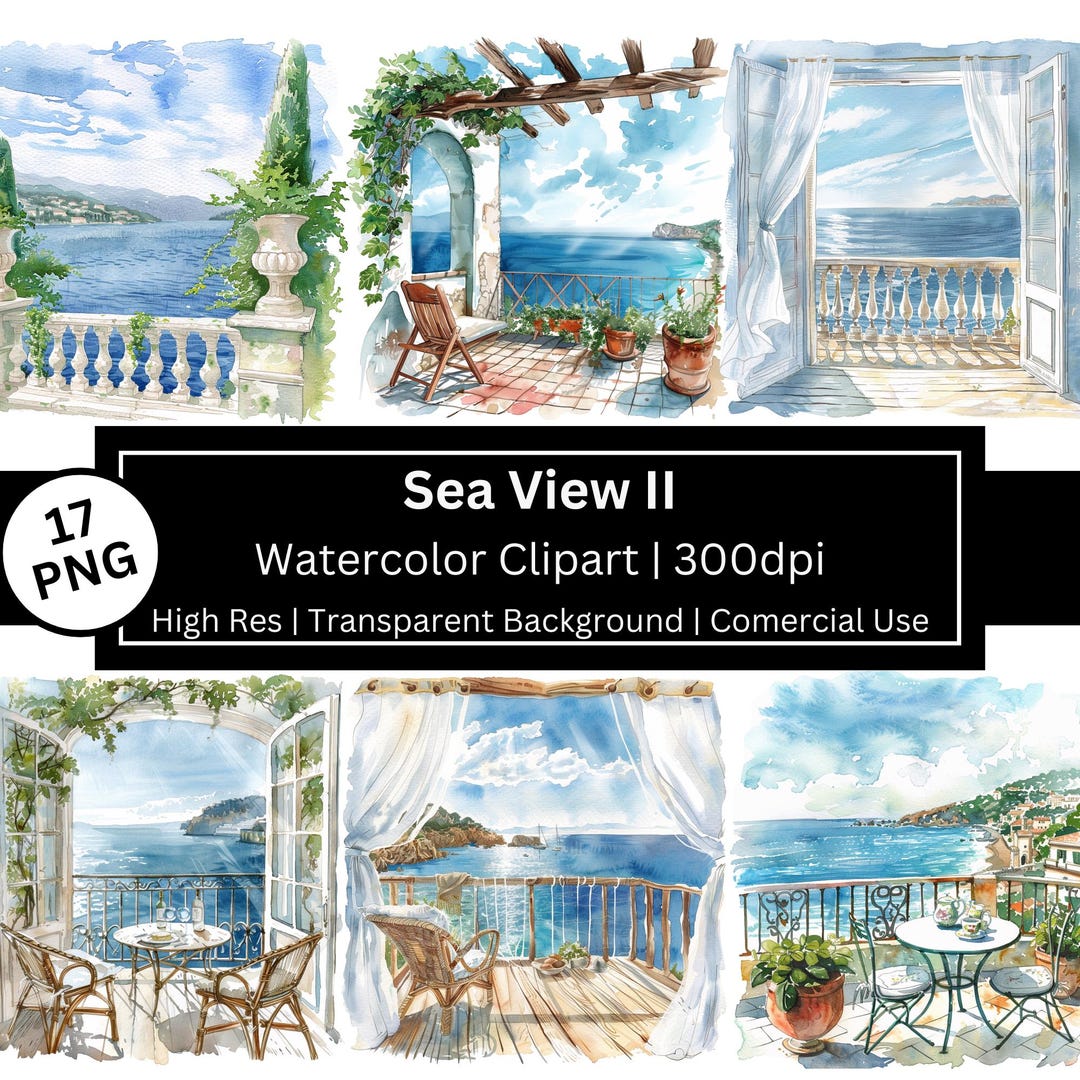 Sea Scene Clipart, Sea View Illustration, Travel Graphics, Watercolor ...