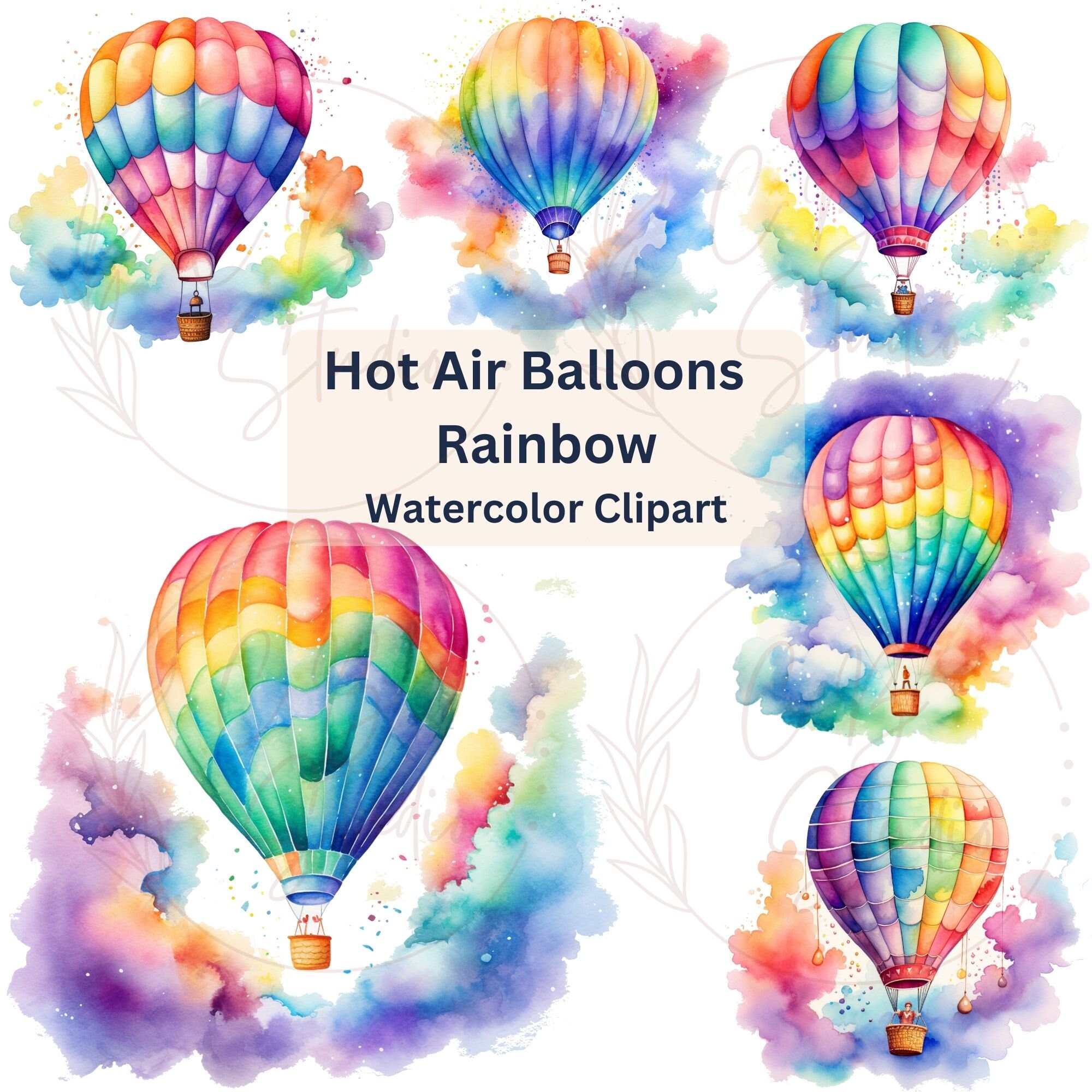 Hot Air Balloons Clip Art, Watercolor Balloons PNG High Res, Rainbow ...