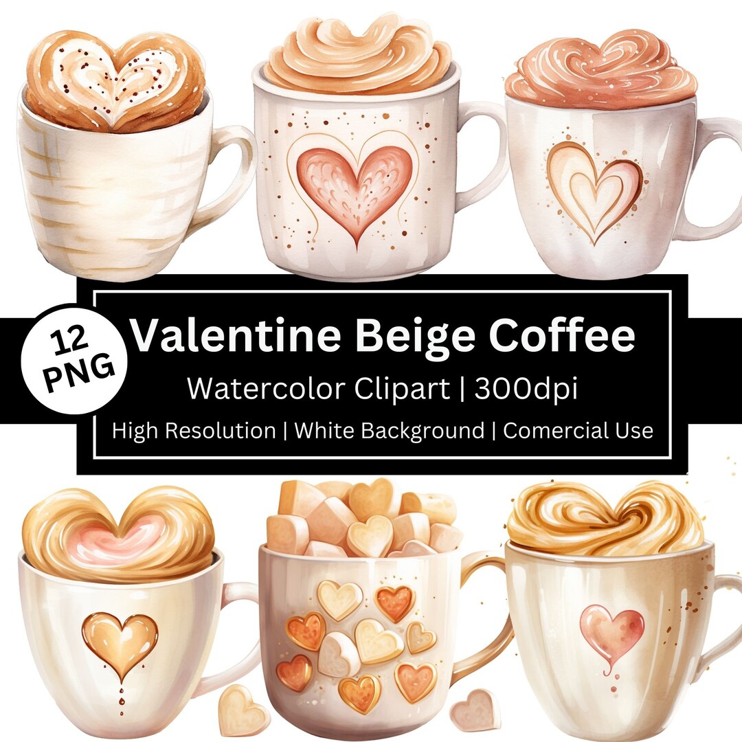 Watercolor Coffee Hearts Clipart, Valentine's Day, Beige Heart ...