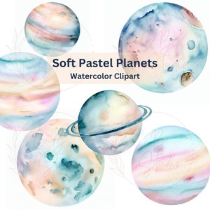 Watercolor Planet Clipart, Planets Soft Pastel, Earth, Moon, Jupiter ...