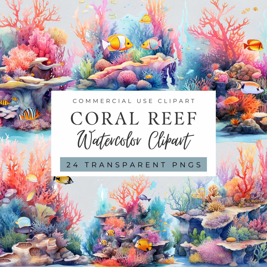 Watercolor Coral Reef Clipart, Colorful Sealife, Deep Ocean PNG ...
