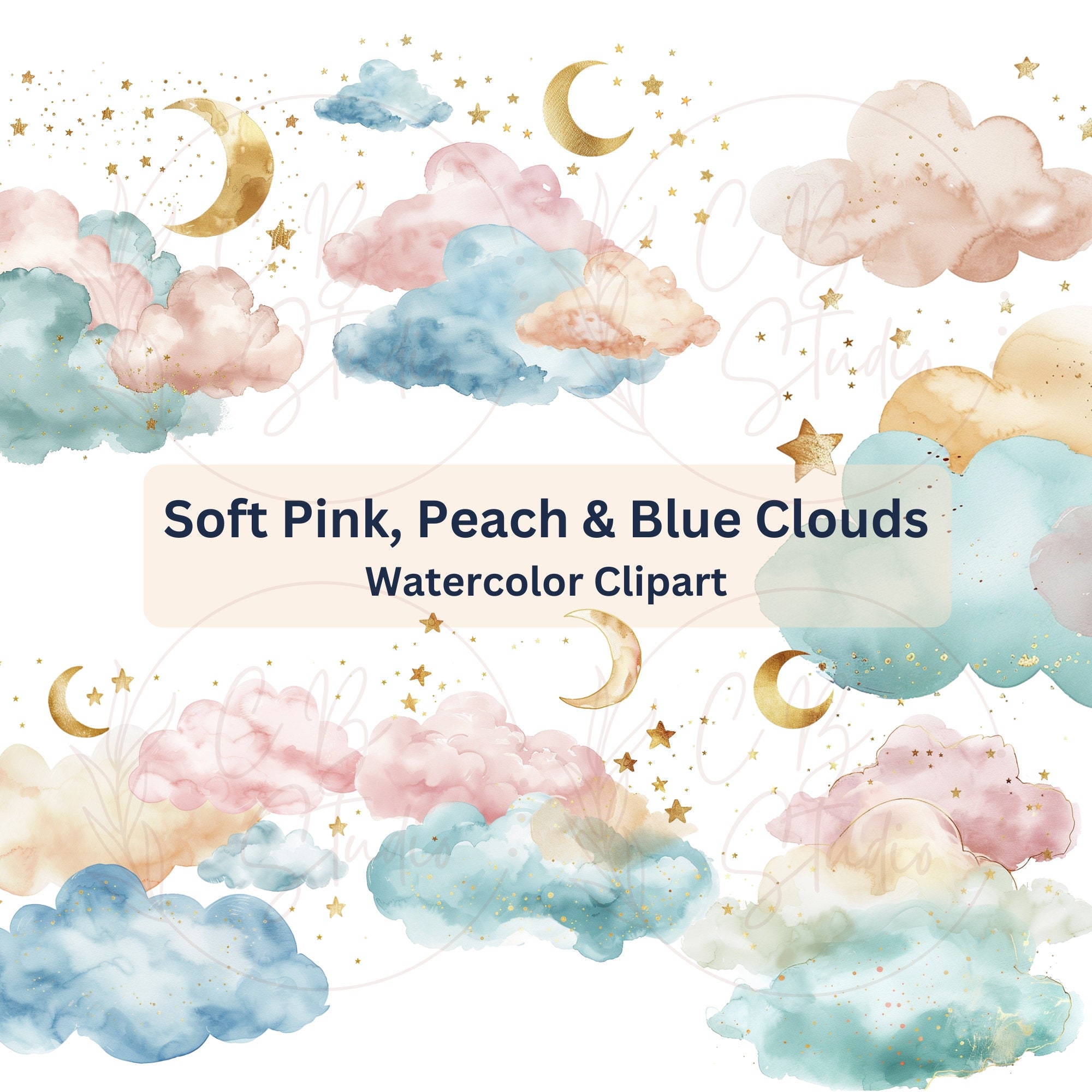 Watercolor Clouds Clipart, Dreamy Nursery Decor, Adorable PNG, Baby ...