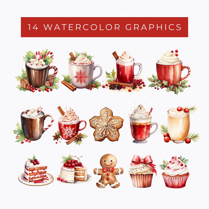 Winter Goodies Clipart: Watercolor Christmas Treats, Hot Chocolate ...