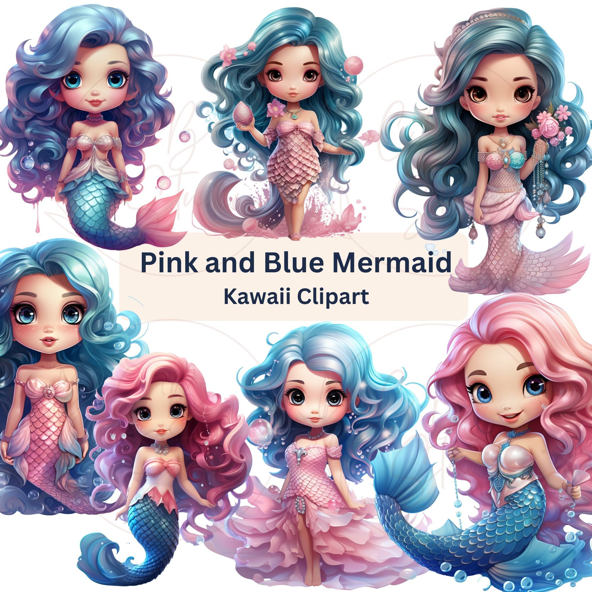 Kawaii Mermaid Clipart, Cute Chibi Mermaids, Pink and Blue Clipart ...