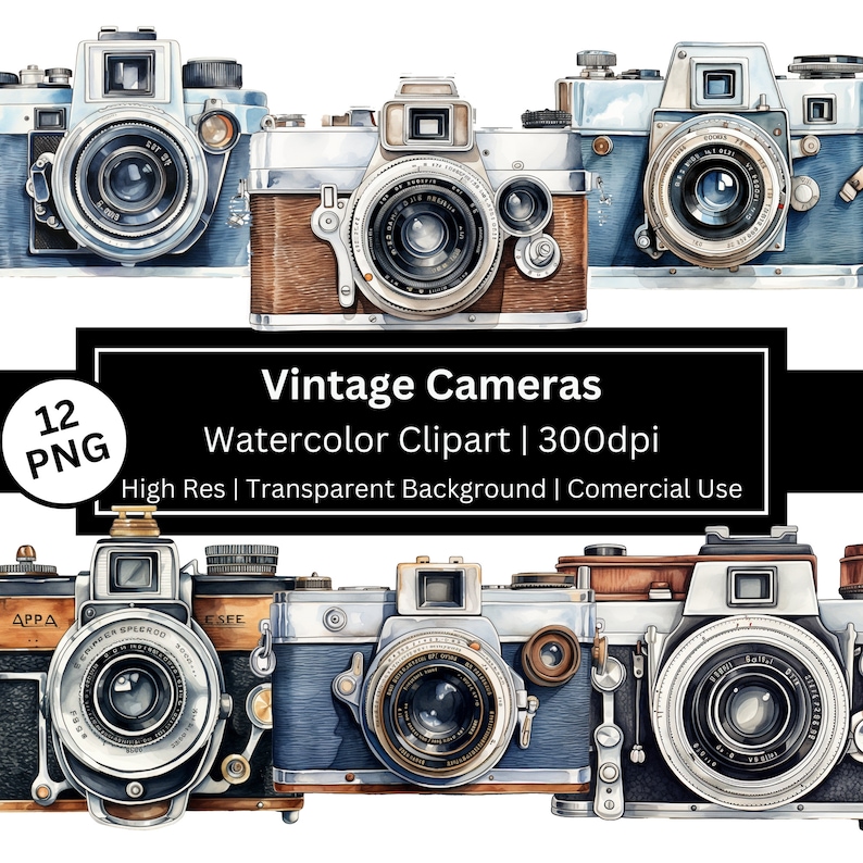 Vintage Cameras Clipart, Old Style Photo, Retro Cameras Watercolor ...