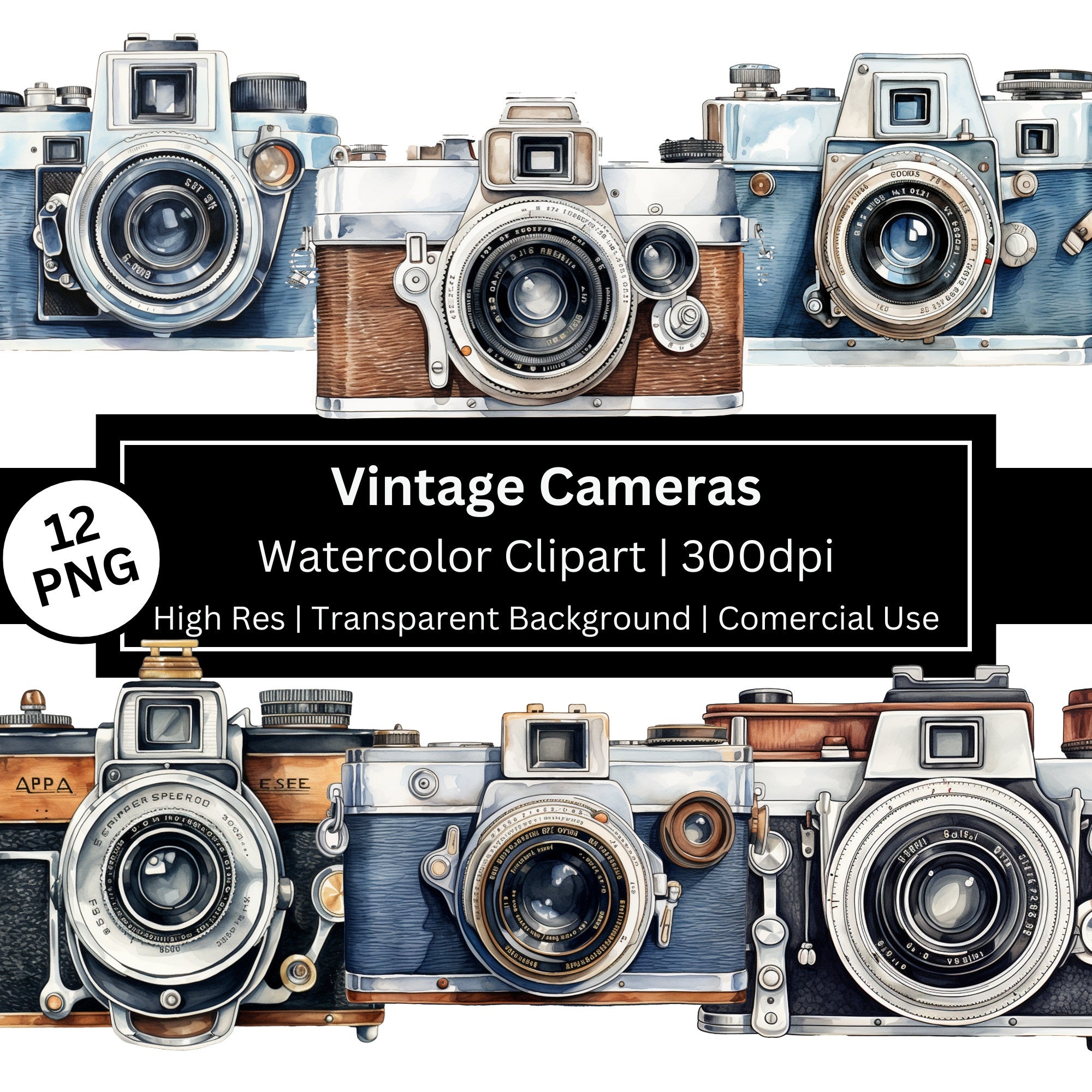 Vintage Cameras Clipart, Old Style Photo, Retro Cameras Watercolor ...