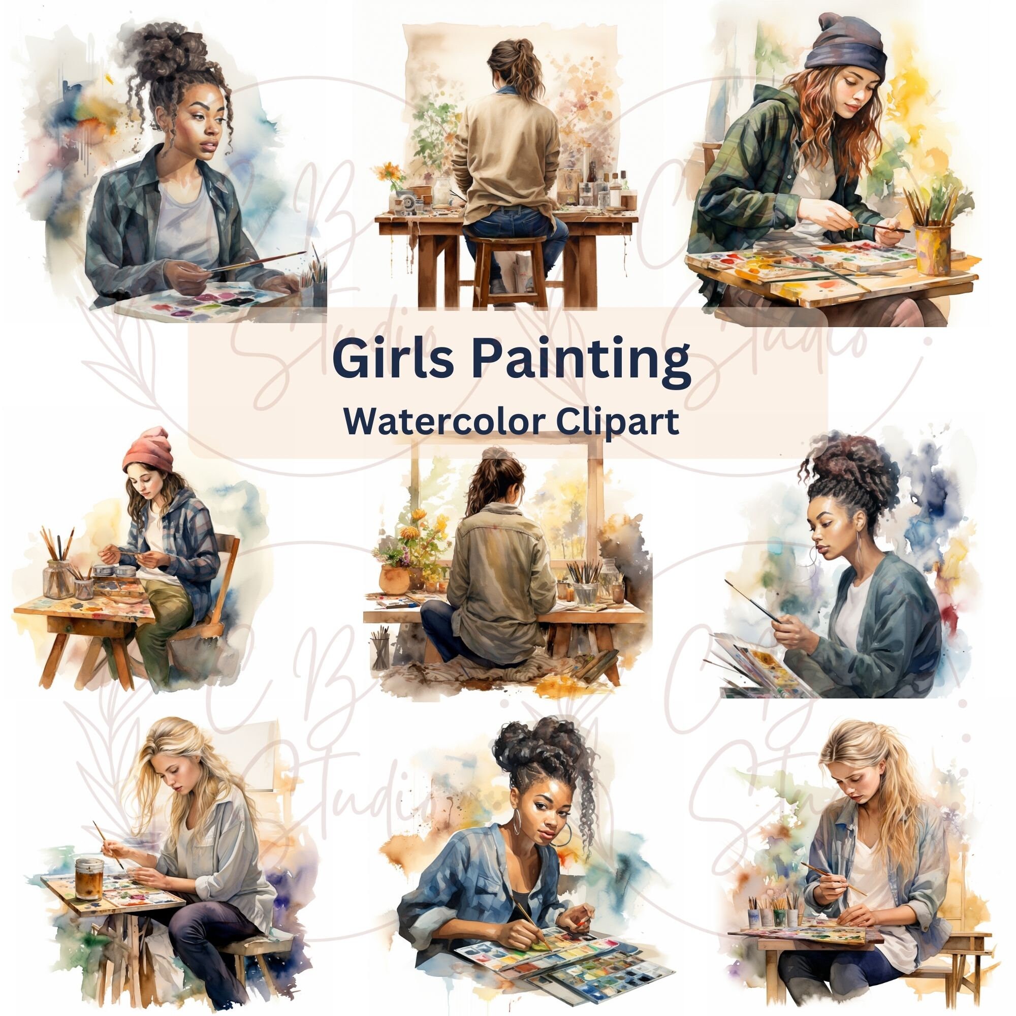 Watercolor Painter Clipart, Artistic, Girl Painting, Hobby Clipart ...