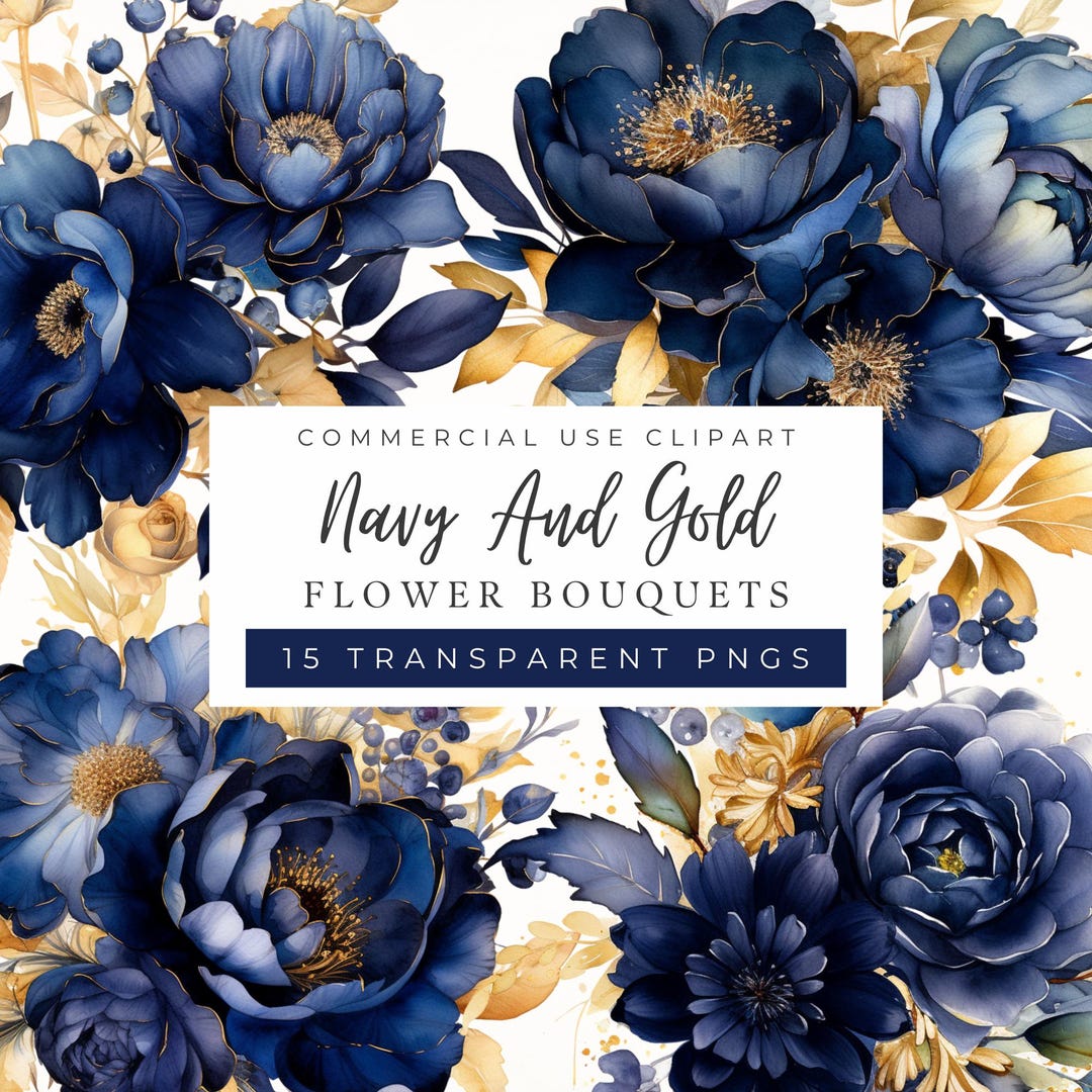 Navy Blue and Gold Floral Clipart: Watercolor Flower Bouquets, Wedding ...