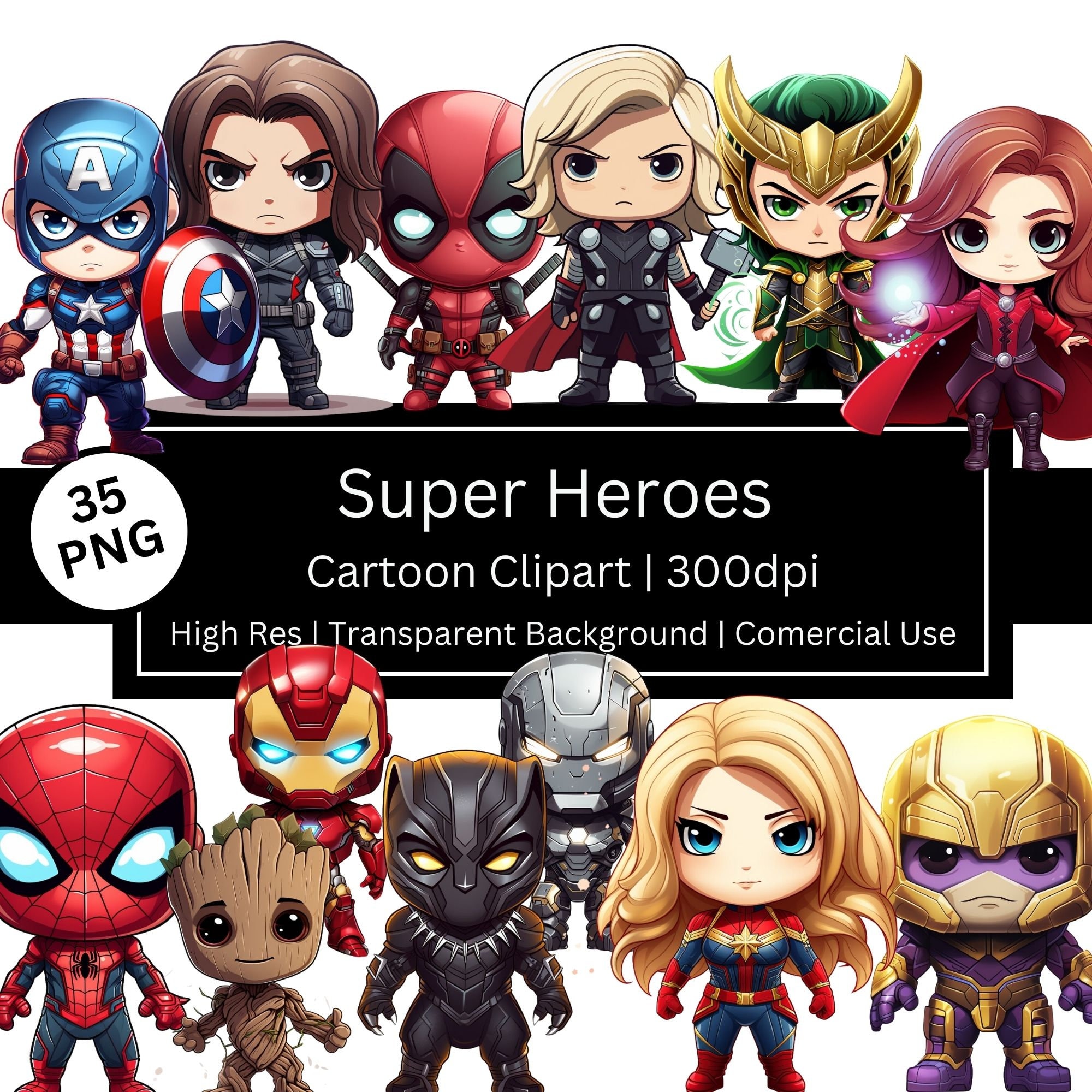 Super Heroes and Villain Clipart, Set of 35 Classic Superheroes Cute ...