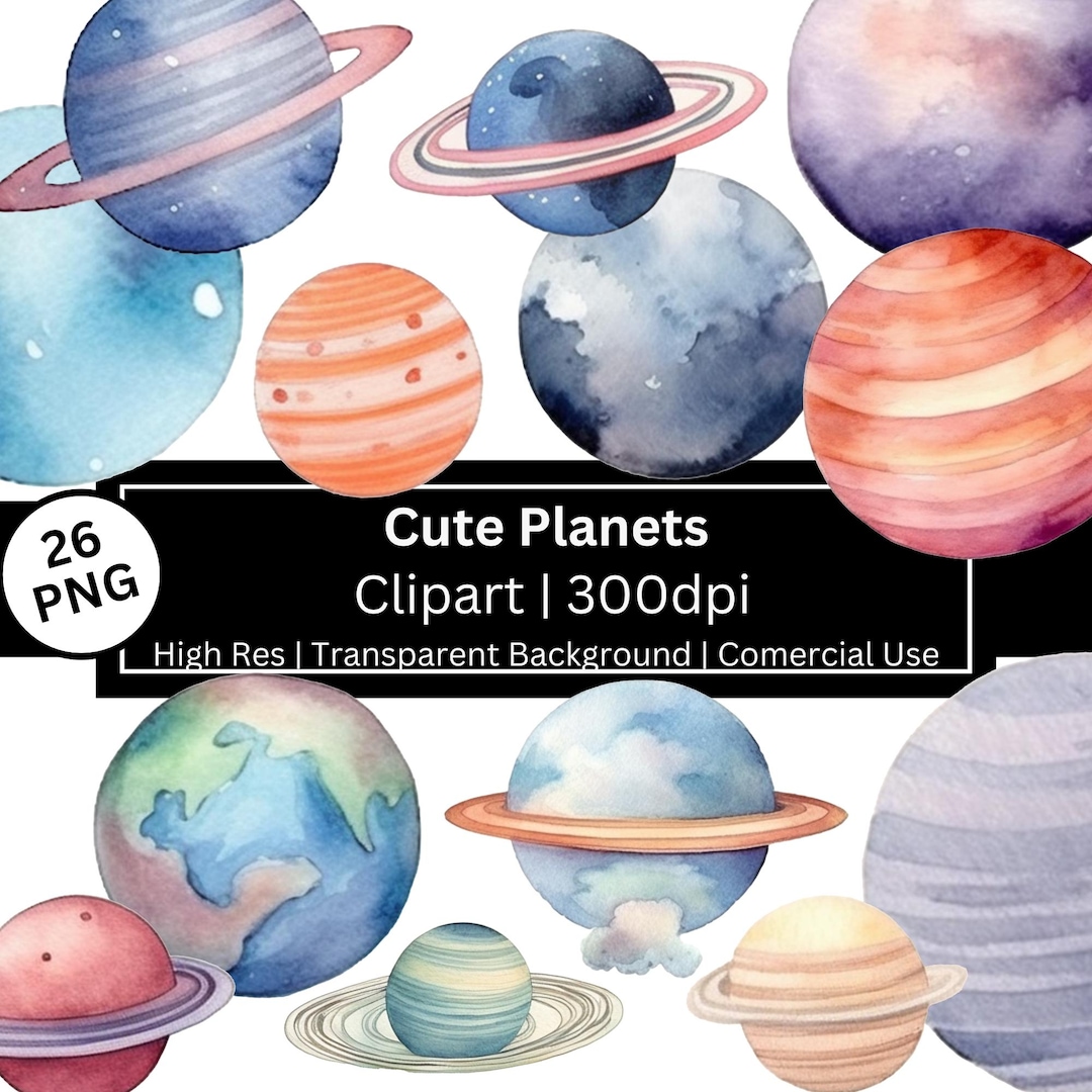 Cute Planets Clipart, Kids Watercolor Space Clipart, Nursery, Cute ...