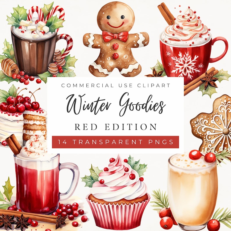 Winter Goodies Clipart: Watercolor Christmas Treats, Hot Chocolate ...